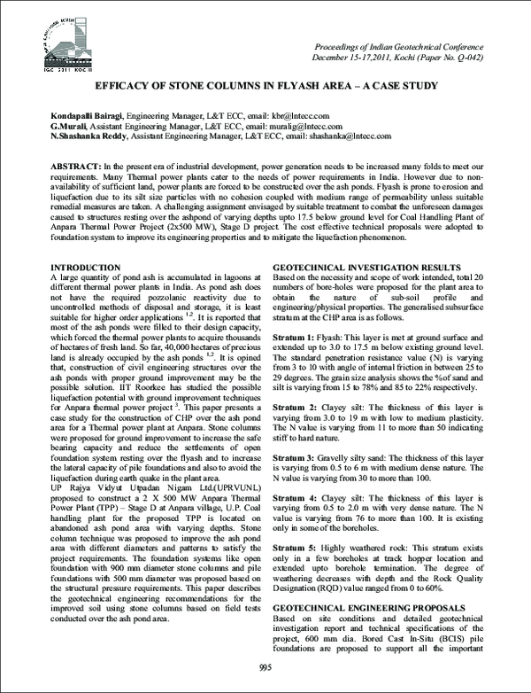 (PDF) Efficacy of Stone Columns in Flyash Area – a Case Study