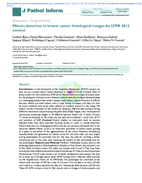 Pdf Mitosis Detection In Breast Cancer Histological Images