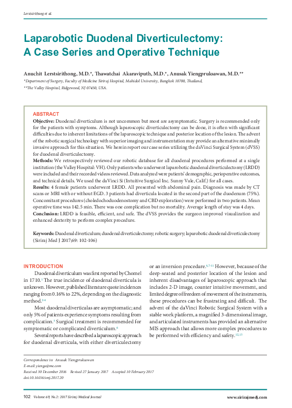 (PDF) Laparobotic Duodenal Diverticulectomy: A Case Series and ...
