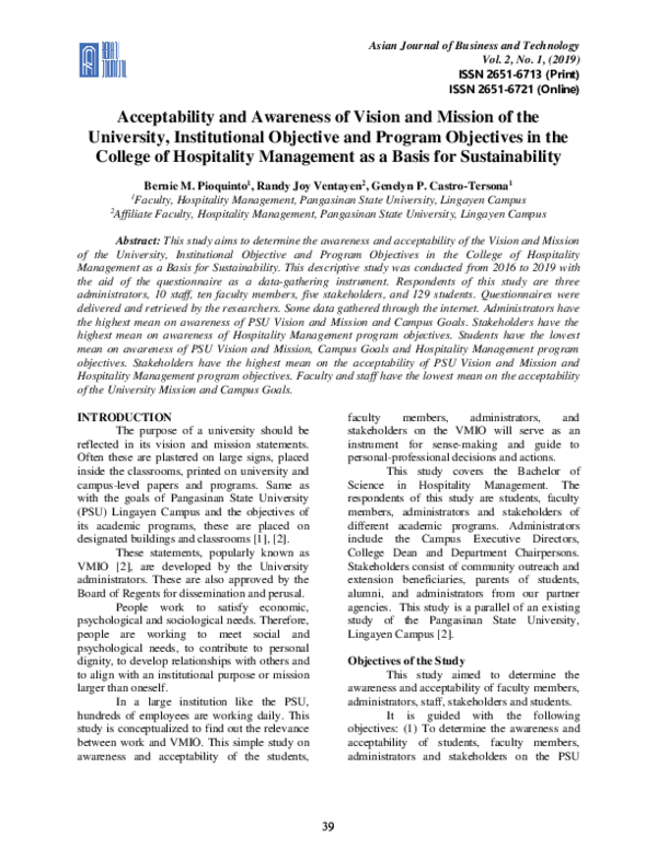(PDF) Acceptability and Awareness of Vision and Mission of the ...