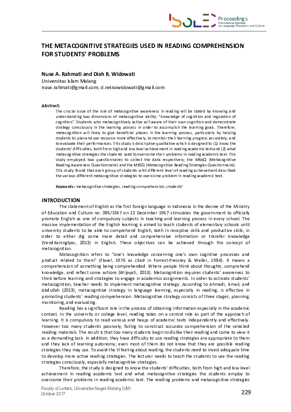 (PDF) The Metacognitive Strategies Used in Reading Comprehension for ...