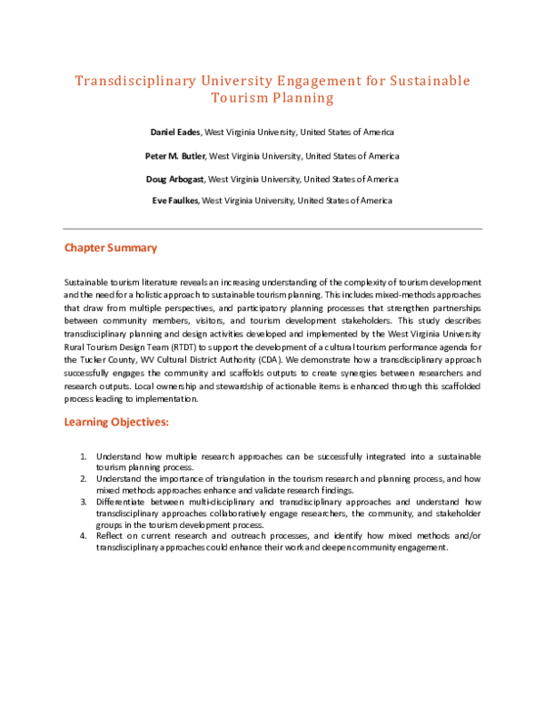 (PDF) Transdisciplinary university engagement for sustainable tourism ...