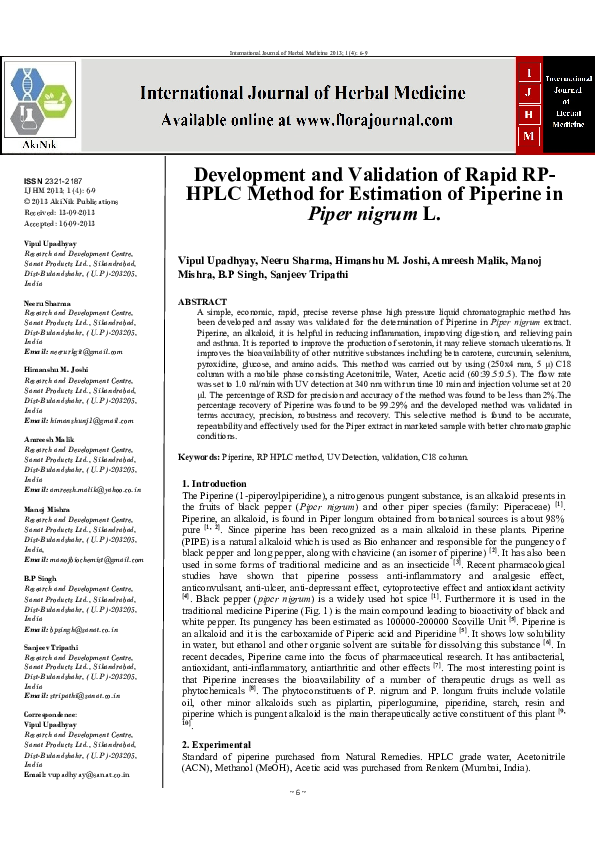 Pdf Development And Validation Of Rapid Rp Hplc Method For Estimation Of Piperine In Piper