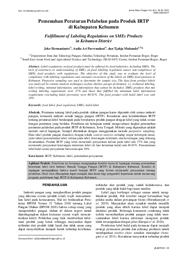 (PDF) Pemenuhan Peraturan Pelabelan pada Produk IRTP di Kabupaten Kebumen