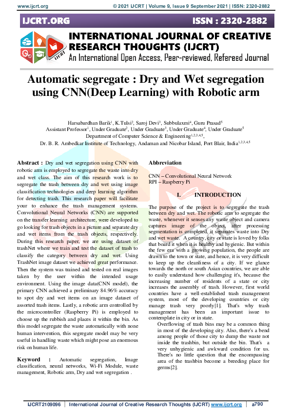 (PDF) Automatic segregate : Dry and Wet segregation using CNN(Deep Learning) with Robotic arm