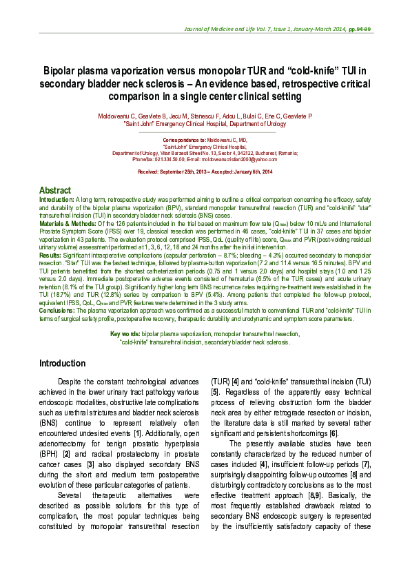 (PDF) Bipolar plasma vaporization versus monopolar TUR and "cold-knife ...