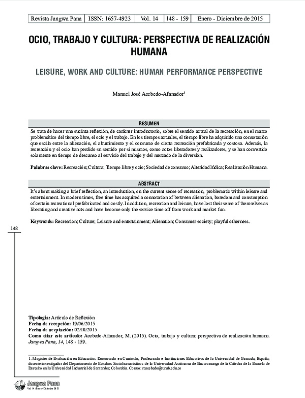 (PDF) Ocio, trabajo y cultura: perspectiva de realización humana
