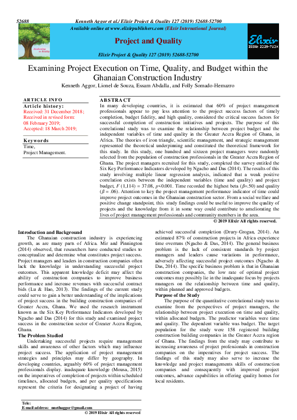 (PDF) Examining Project Execution on Time, Quality, and Budget within ...