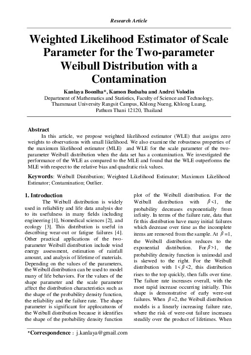 (PDF) Weighted Likelihood Estimator of Scale Parameter for the Two-parameter Weibull ...