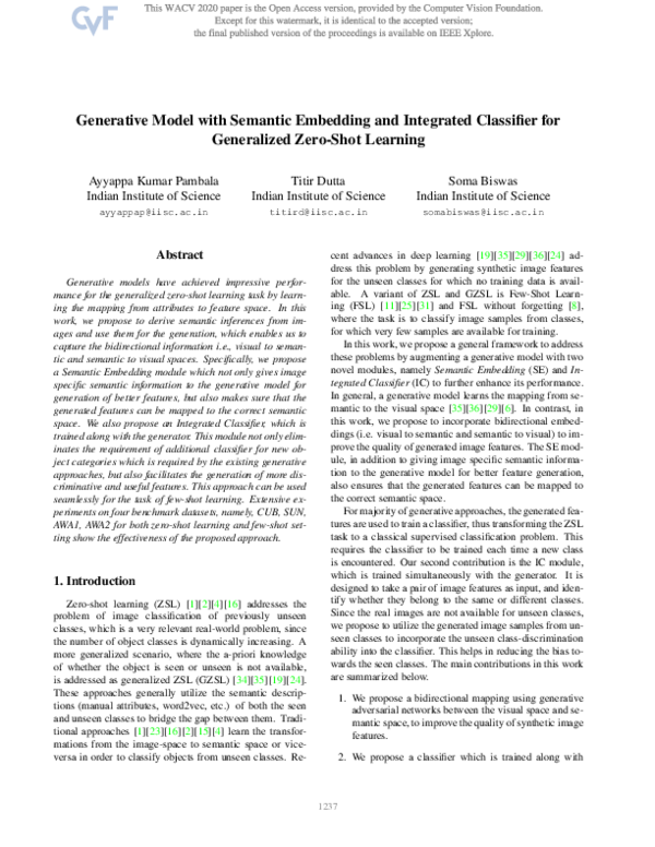 Pdf Generative Model With Semantic Embedding And Integrated Classifier For Generalized Zero