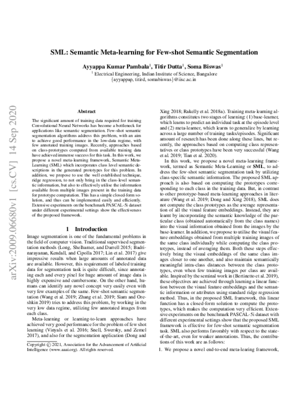 Pdf Sml Semantic Meta Learning For Few Shot Semantic Segmentation