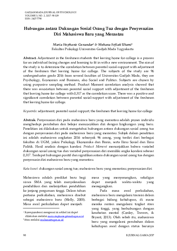 (PDF) Hubungan Antara Dukungan Sosial Orangtua Dengan Penyesuaian Sosial Pada Siswa Dalam Asuhan ...