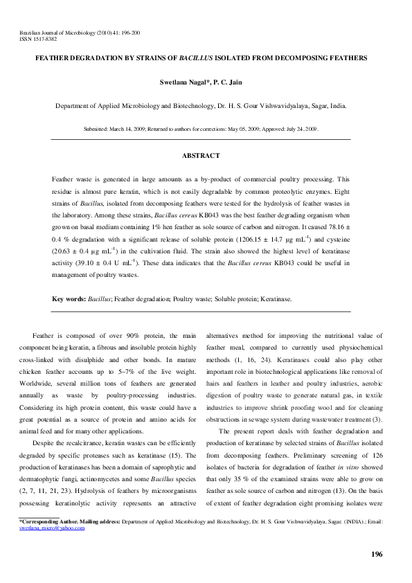 (PDF) Feather degradation by strains of Bacillus isolated from decomposing feathers