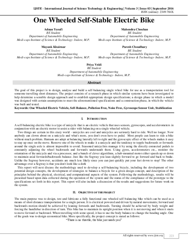 (PDF) One Wheeled Self-Stable Electric Bike