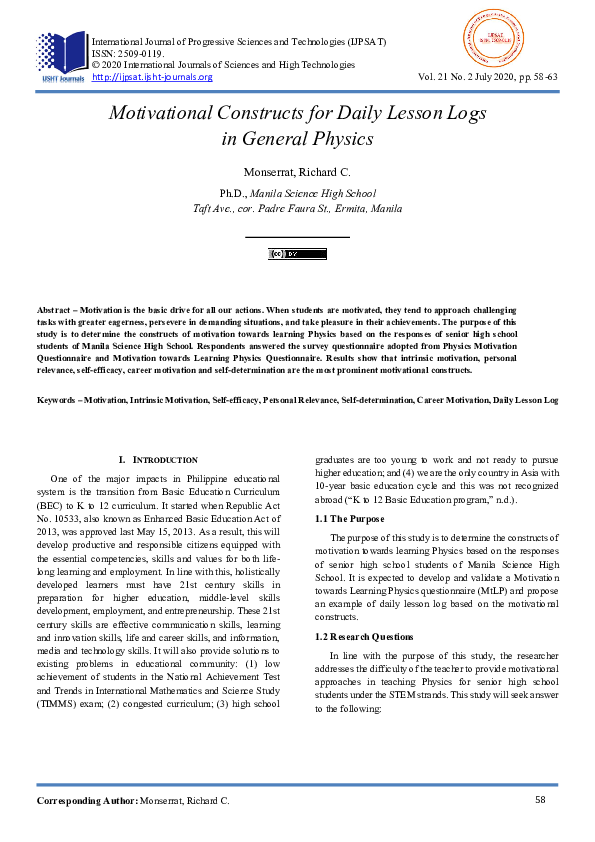 (PDF) Motivational Constructs for Daily Lesson Logs in General Physics