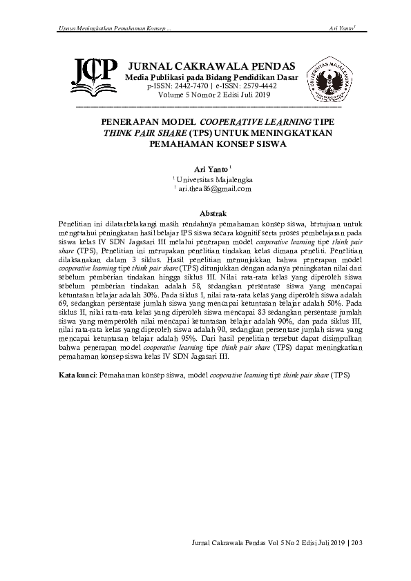 (PDF) Penerapan Model Cooperative Learning Tipe Think Pair Share Untuk Meningkatkan Aktivitas ...
