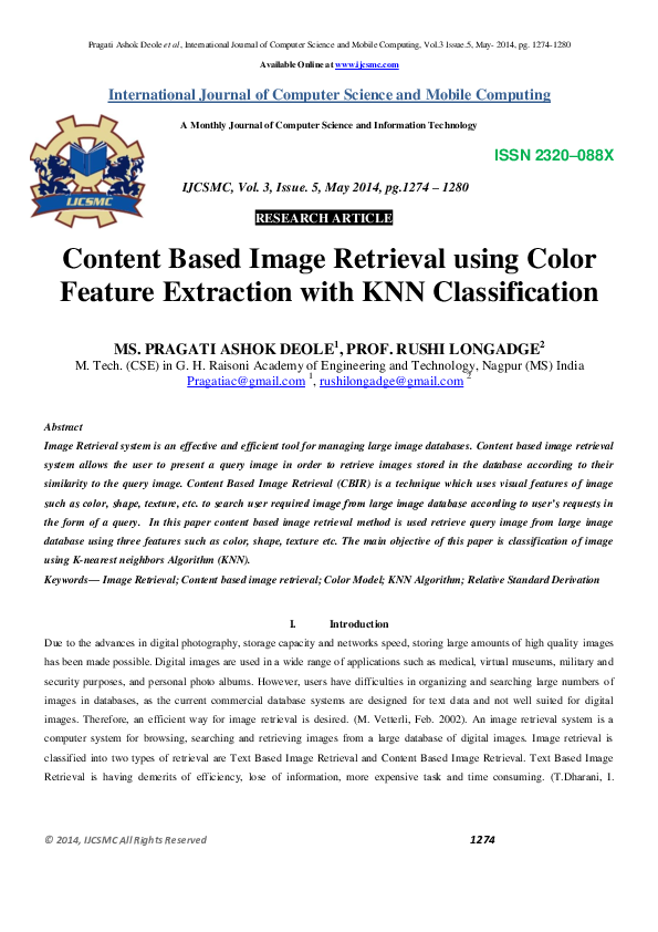 Pdf Content Based Image Retrieval Using Color Feature Extraction With Knn Classification