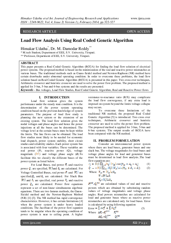 (PDF) Load Flow Analysis Using Real Coded Genetic Algorithm