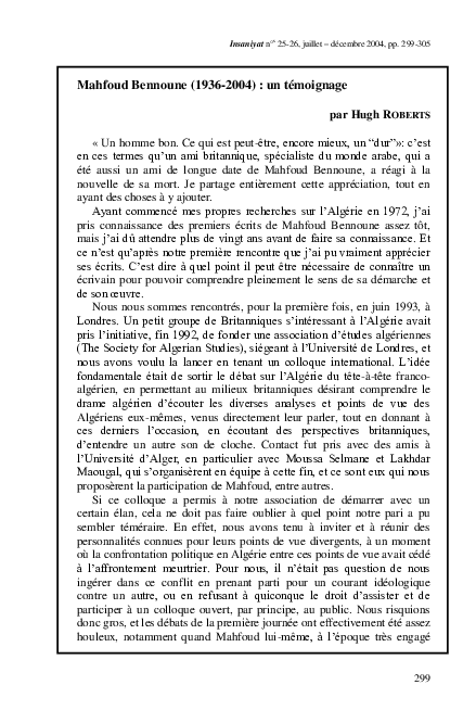 (PDF) Mahfoud Bennoune (1936-2004) : un témoignage