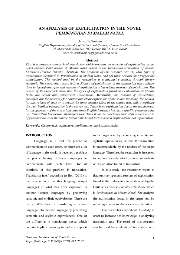 (PDF) An Analysis of Explicitation in the Novel