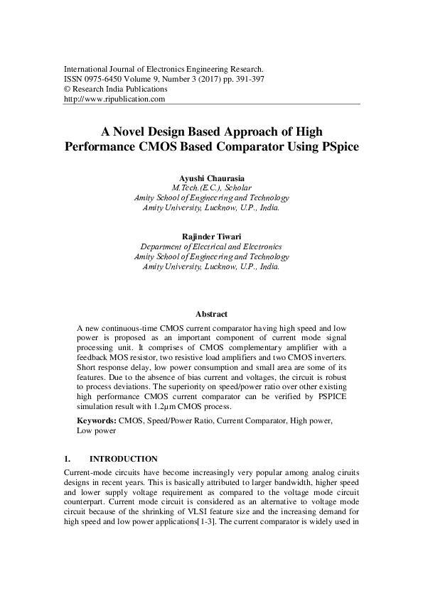 Pdf A Novel Design Based Approach Of High Performance Cmos Based Comparator Using Pspice 