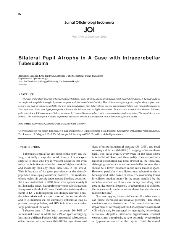 (PDF) Bilateral Papil Atrophy in A Case with Intracerebellar Tuberculoma