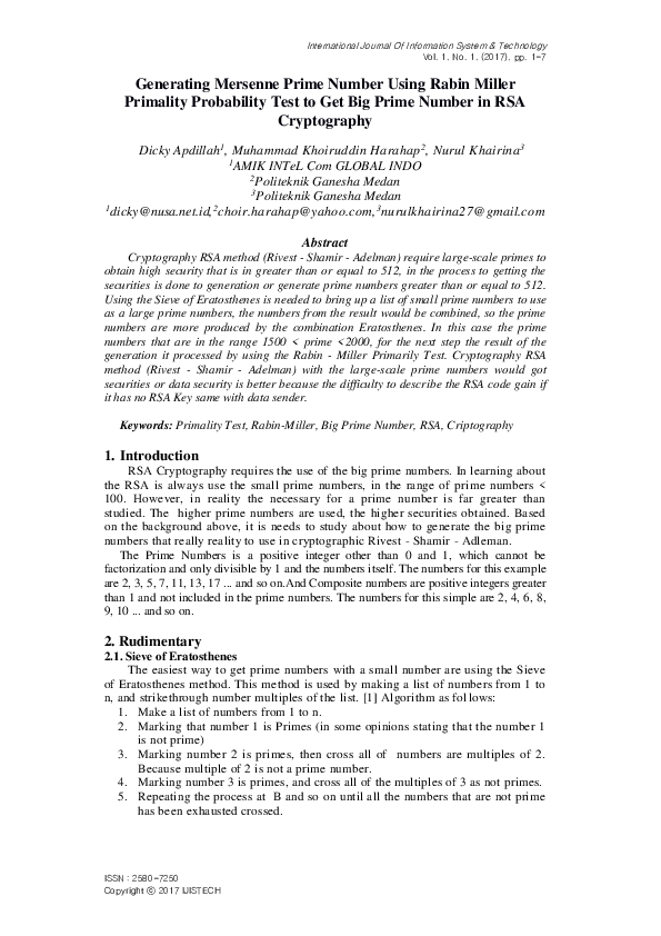 (PDF) Generating Mersenne Prime Number Using Rabin Miller Primality ...