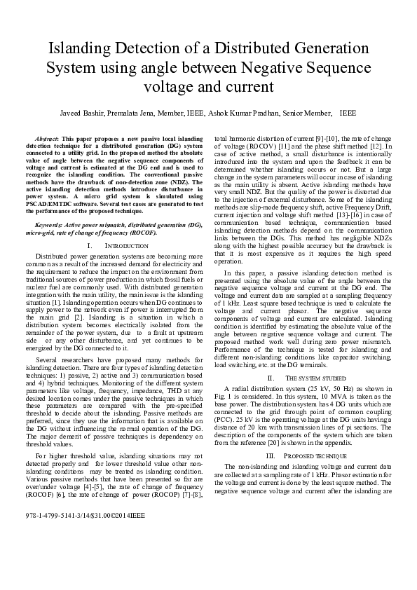 Pdf Islanding Detection Of A Distributed Generation System Using Angle Between Negative