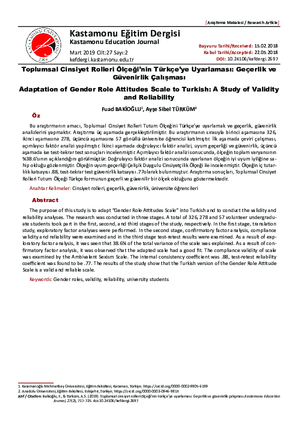 (PDF) Adaptation of Gender Role Attitudes Scale to Turkish: A Study of ...