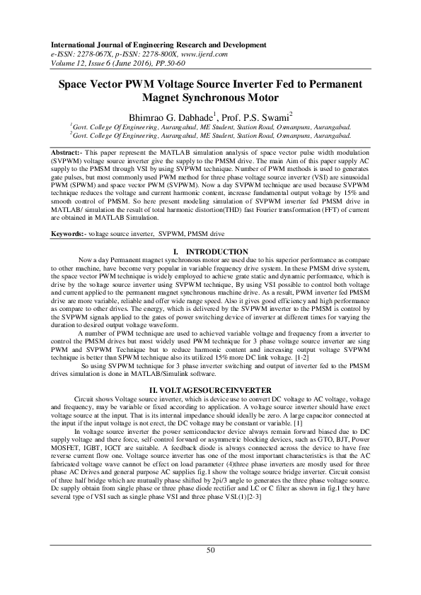 Pdf Space Vector Pwm Voltage Source Inverter Fed To Permanent Magnet Synchronous Motor