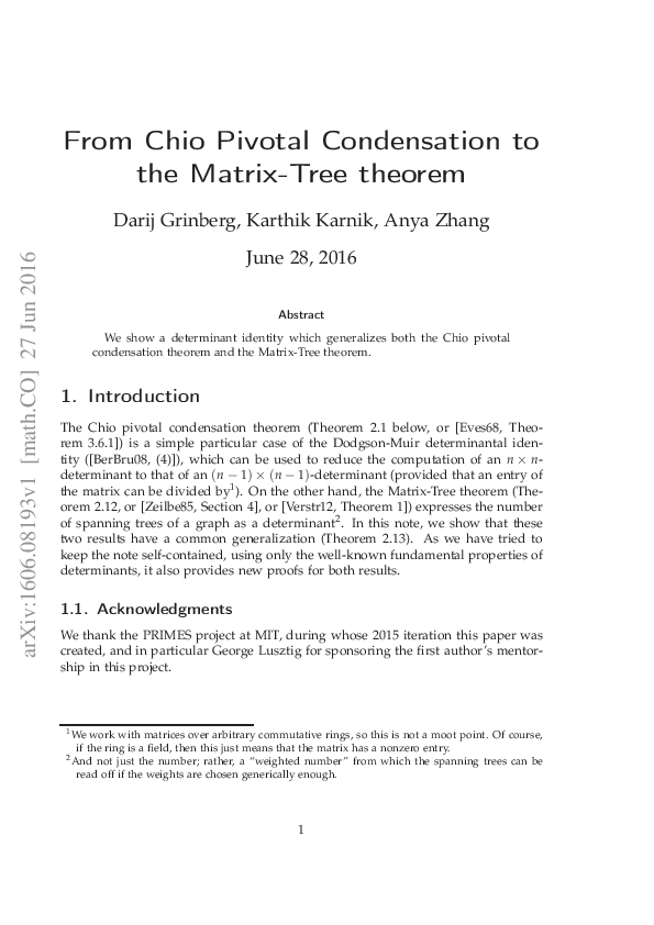 (PDF) From Chio Pivotal Condensation to the Matrix-Tree theorem