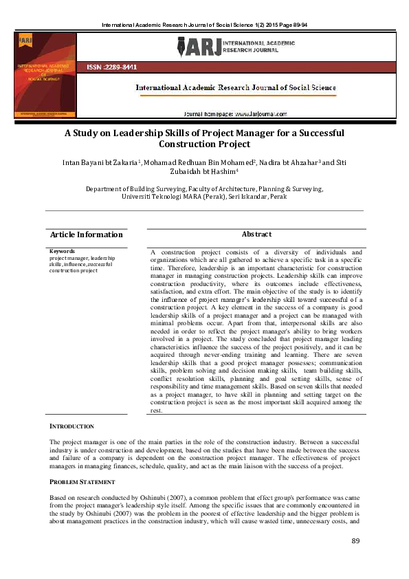 (PDF) A Study on Leadership Skills of Project Manager for a Successful ...