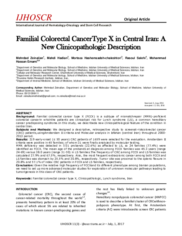 (PDF) Familial Colorectal Cancer Type X in Central Iran: A New ...