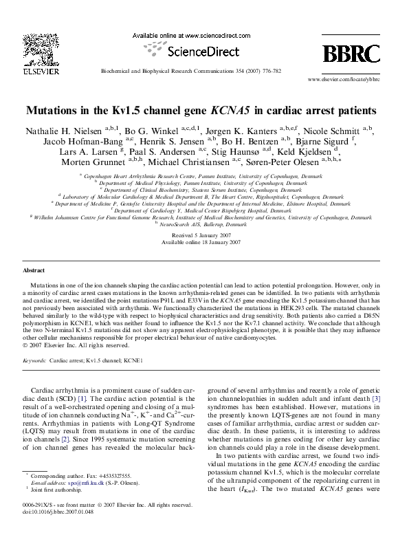 (PDF) Mutations in the Kv1.5 channel gene KCNA5 in cardiac arrest patients