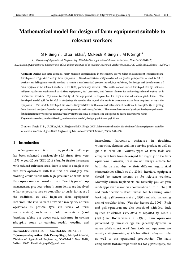 (PDF) Mathematical model for design of farm equipment suitable to ...