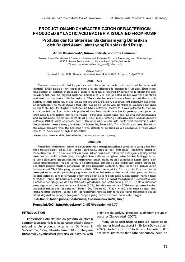 Pdf Production And Characterization Of Bacteriocin Produced By Lactic Acid Bacteria Isolated