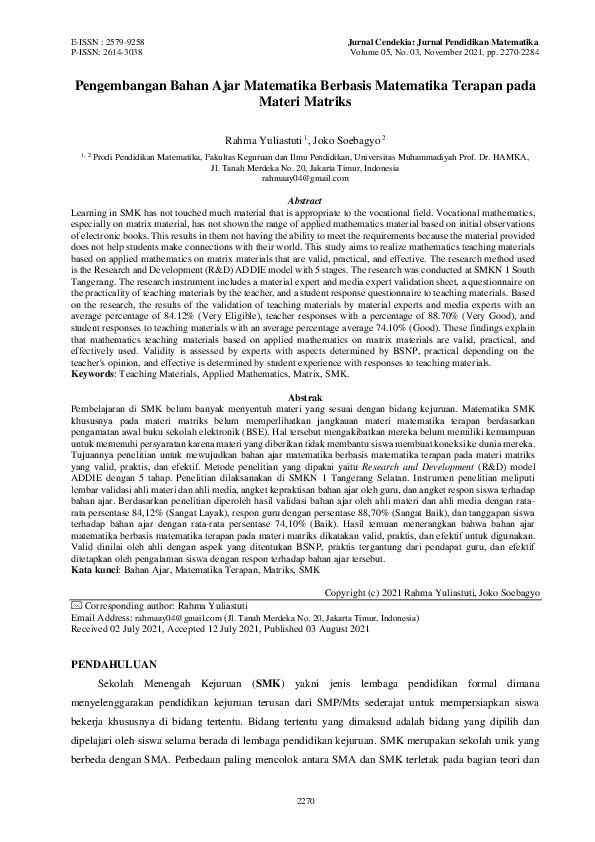 (PDF) Pengembangan Bahan Ajar Matematika Berbasis Matematika Terapan pada Materi Matriks