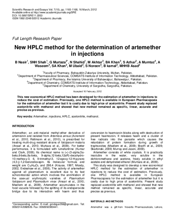 (PDF) New HPLC method for the determination of artemether in injections