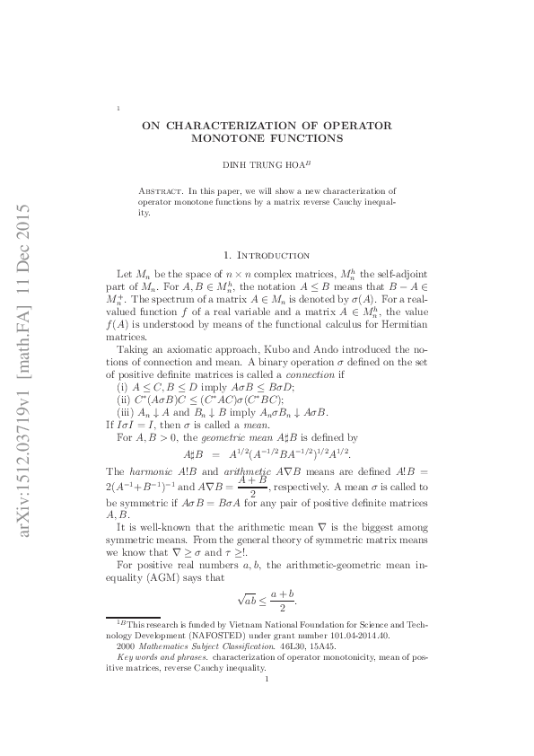 Pdf On Characterization Of Operator Monotone Functions Trung Hoa