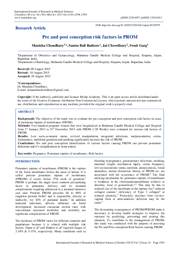 (PDF) Pre and post conception risk factors in PROM