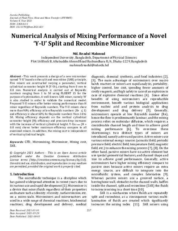 (PDF) Numerical Analysis of Mixing Performance of a Novel ‘Y-U’ Split and Recombine Micromixer
