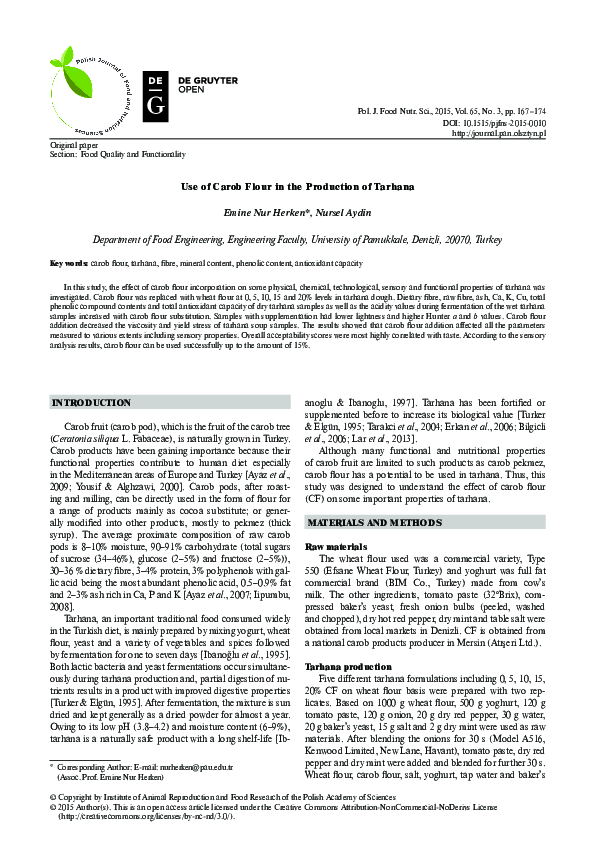 (PDF) Use of Carob Flour in the Production of Tarhana
