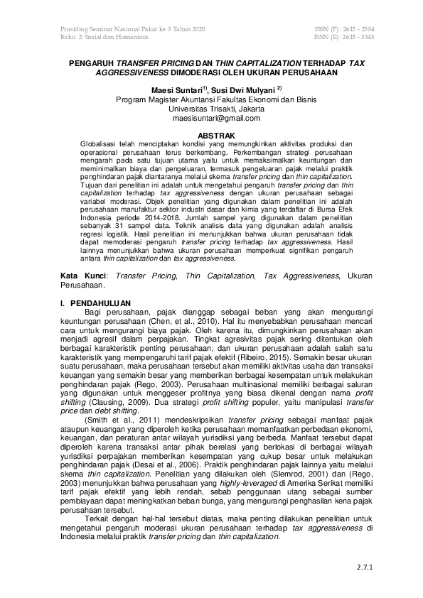 (PDF) Pengaruh Transfer Pricing Dan Thin Capitalization Terhadap Tax Aggressiveness Dimoderasi ...