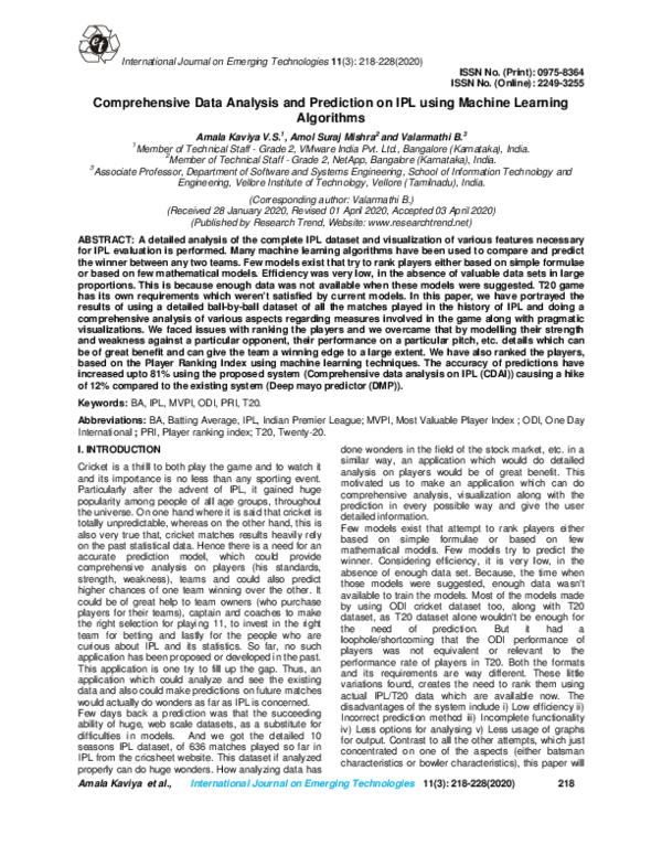 (PDF) Comprehensive Data Analysis and Prediction on IPL using Machine ...