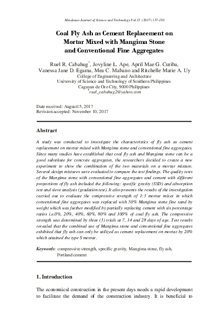 (PDF) Coal Fly Ash as Cement Replacement on Mortar Mixed with Mangima ...
