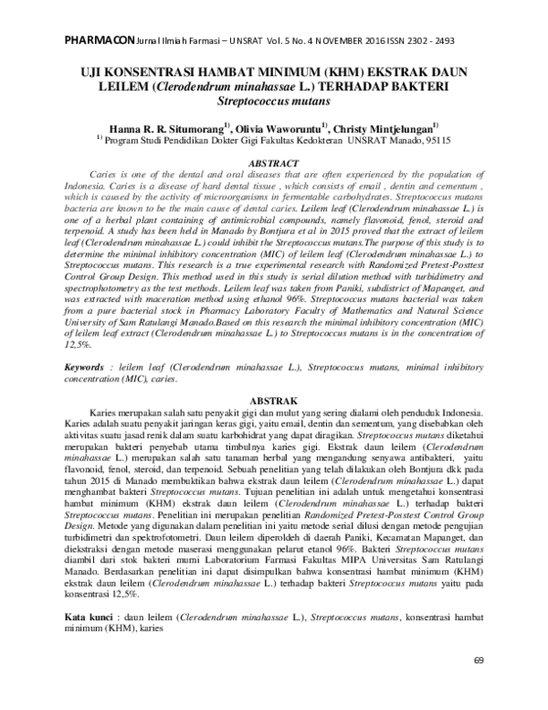 (PDF) UJI KONSENTRASI HAMBAT MINIMUM (KHM) EKSTRAK DAUN LEILEM (Clerodendrum minahassae L ...