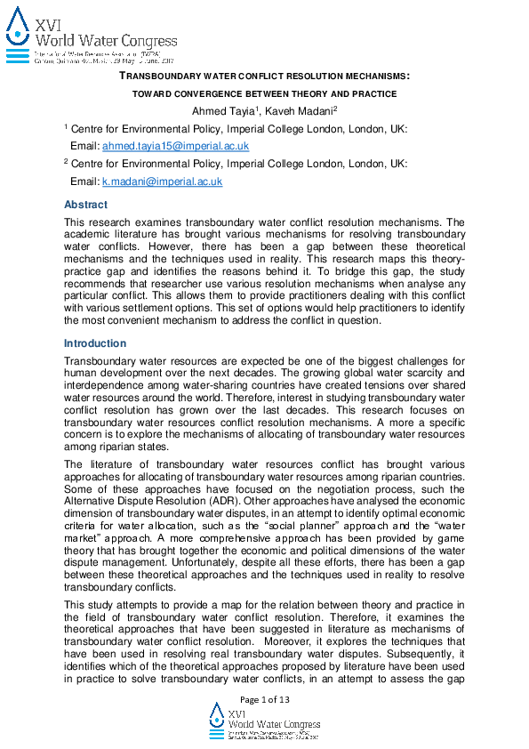 (PDF) Transboundary water conflict resolution mechanisms: toward convergence between theory and ...