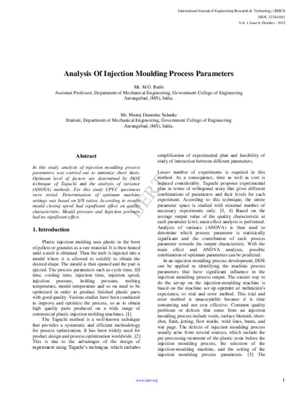 Pdf Analysis Of Injection Moulding Process Parameters