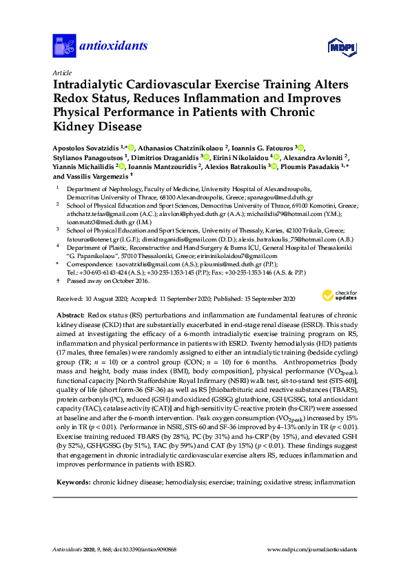(PDF) Intradialytic Cardiovascular Exercise Training Alters Redox Status, Reduces Inflammation ...