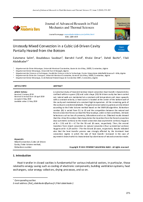 Pdf Unsteady Mixed Convection In A Cubic Lid Driven Cavity Partially Heated From The Bottom